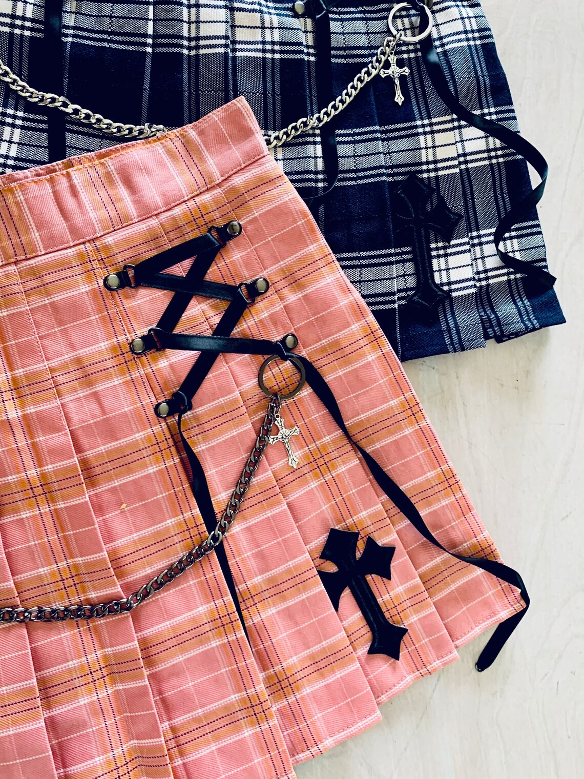NEW Plaid Corset Chain Pleated Skirt - Etsy
