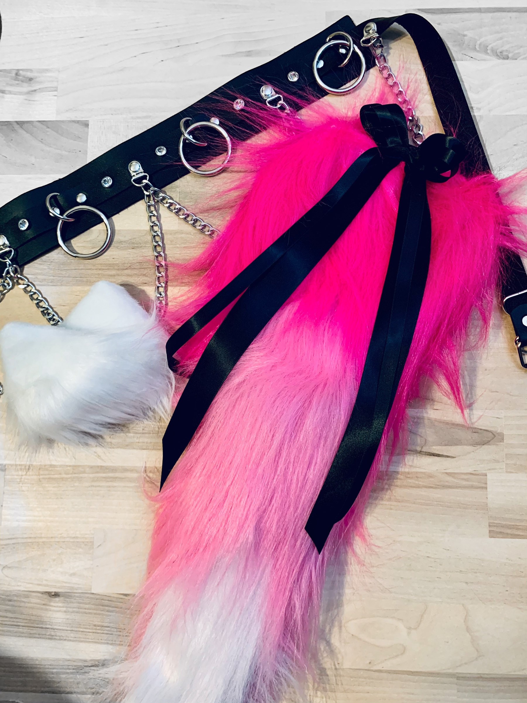 NEW Pink Fur Fox Tail Belt Ear Set - Etsy