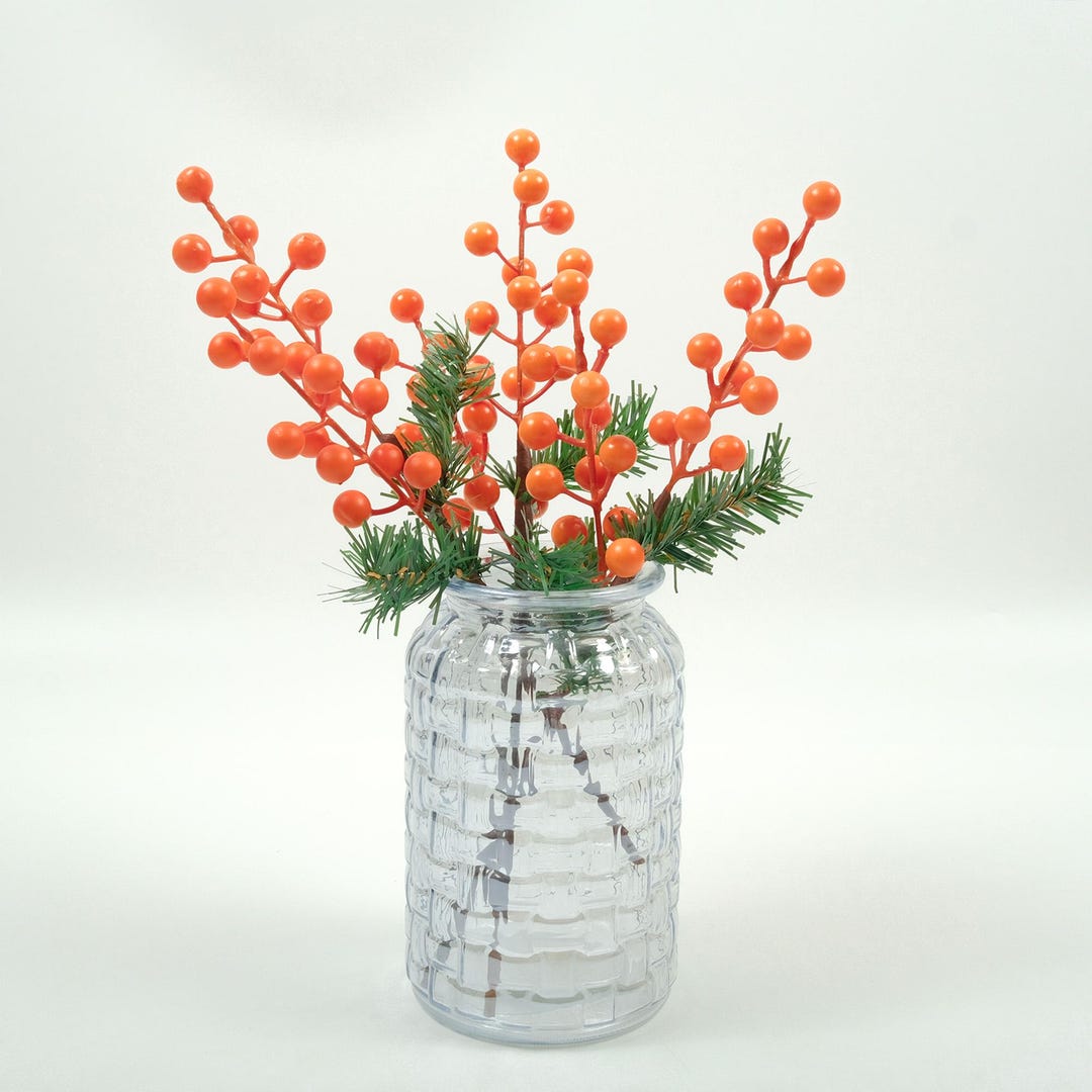 14 Inch Artificial Orange Berry Stems With Pine Needles - Decorative ...