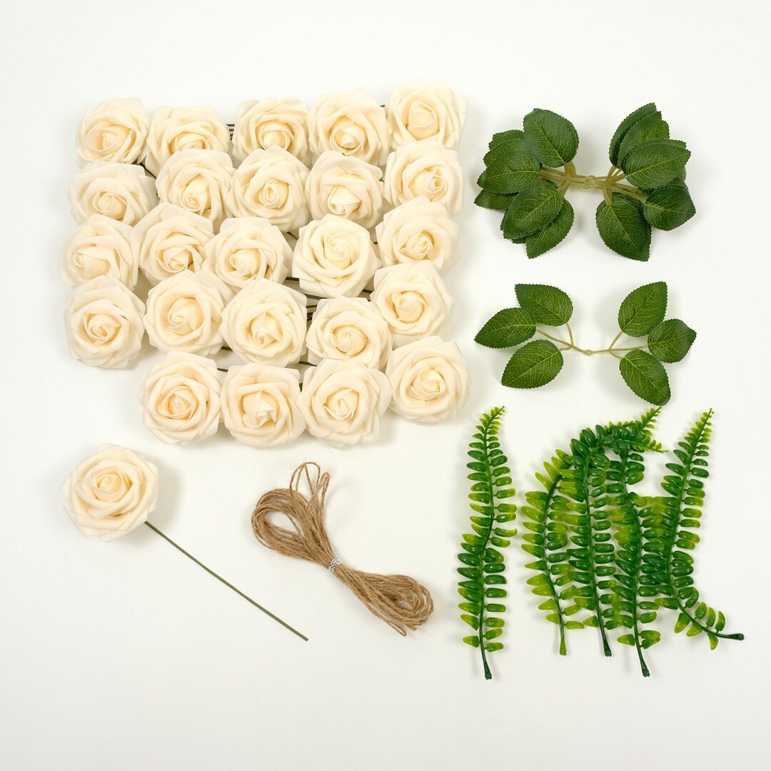 25pc Foam Artificial Flower Champagne Rose W/stem Real Looking Rose ...