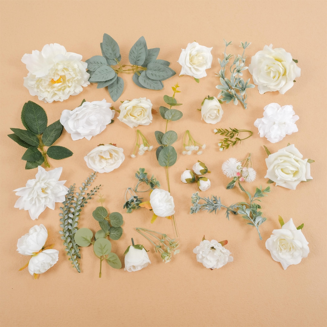 39PCS Mix White Flower Green Leaf Combo Set / Loose Artificial Silk ...