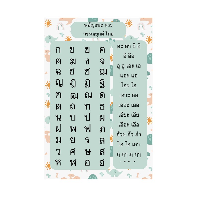 Green Thai Alphabet Matte Vertical Posters, Thai Education Poster for ...