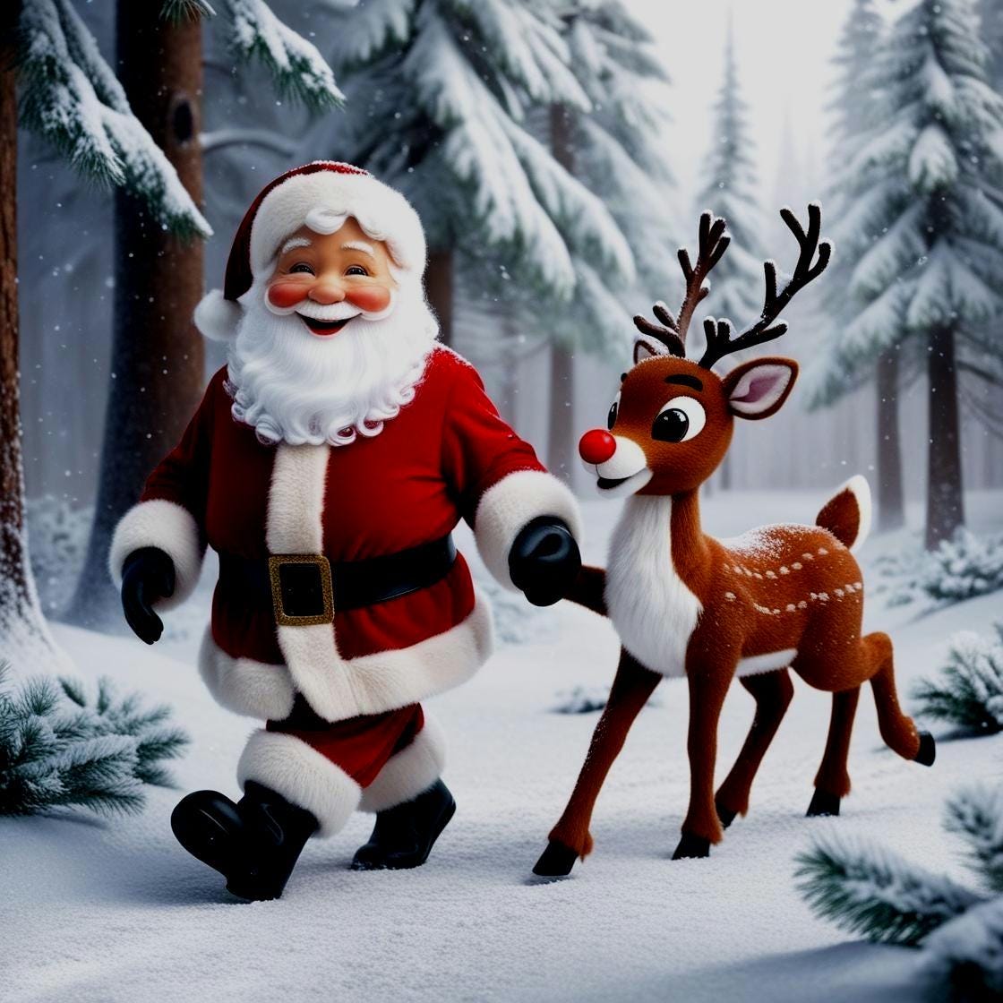 Santa Claus and Rudolph Walking Through a Beautiful Winter Wonderland ...