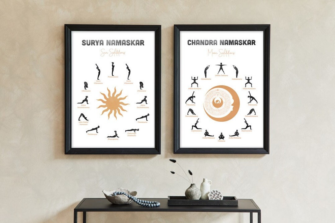 Sun & Moon Salutation Yoga Posters, Chandra Namaskar, Yoga Poses Print ...