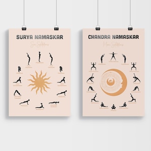 Sun & Moon Salutation Yoga Posters, Chandra Namaskar, Yoga Poses Print ...