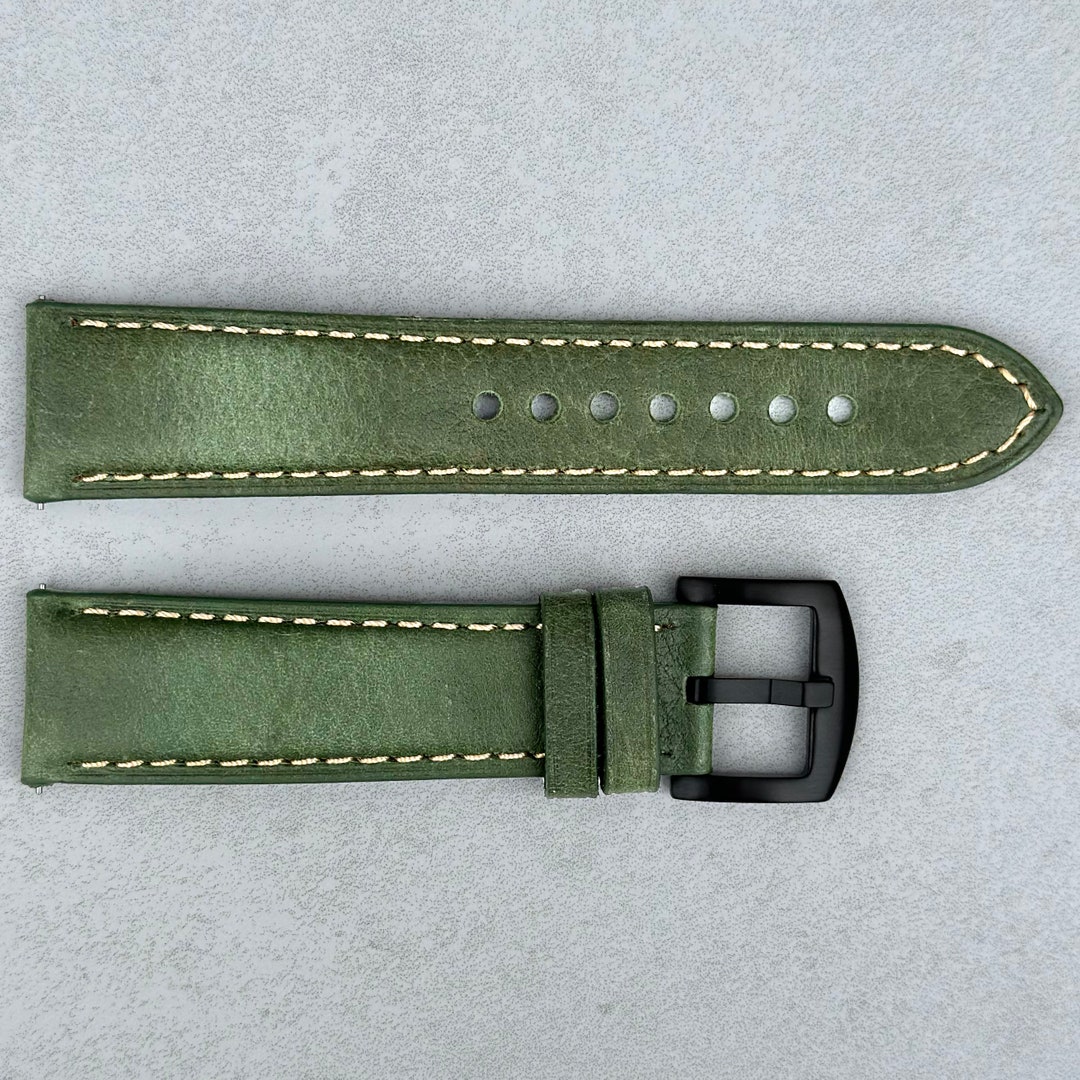 Olive Green Italian Leather Watch Strap, Full Grain Leather, Padded ...