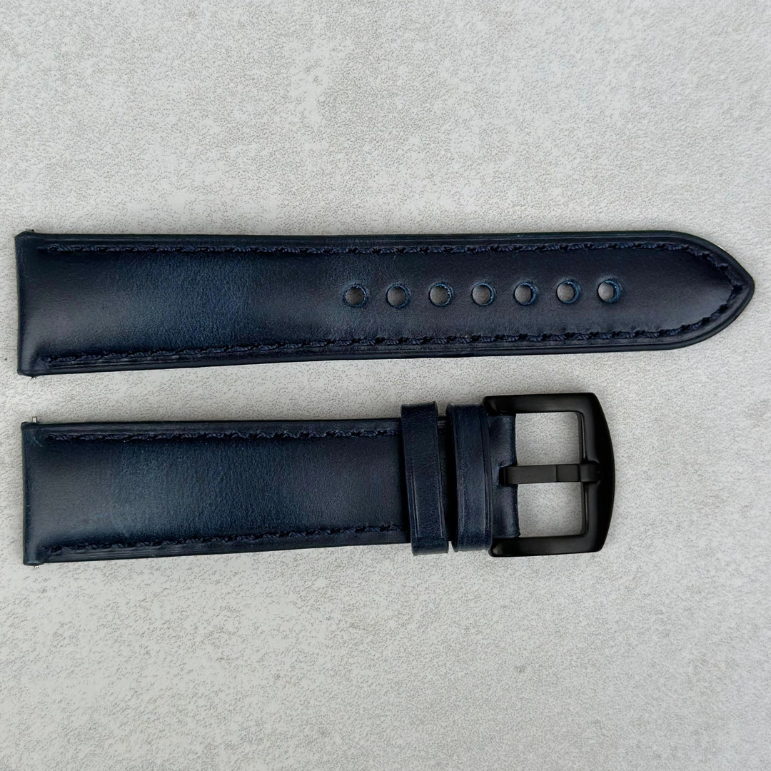Deep Ocean Blue Full Grain Leather Watch Strap, Quick Release, Black ...