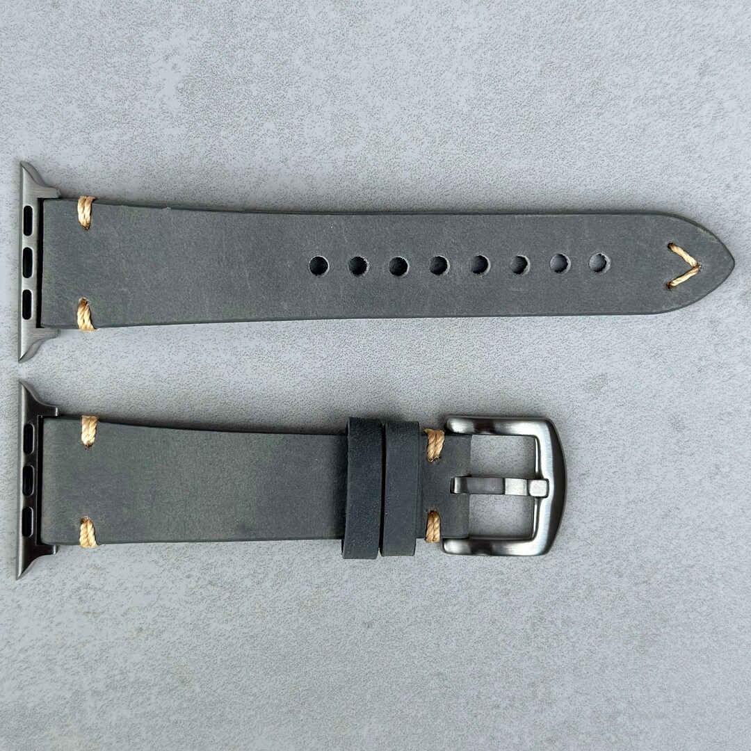 Stone Grey Vintage Full Grain Leather Apple Watch Strap, Series 7 ...