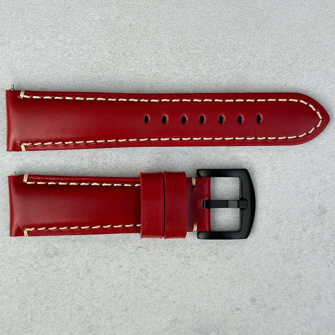 Blood Red Full Grain Leather Watch Strap, Black Buckle, Quick Release ...