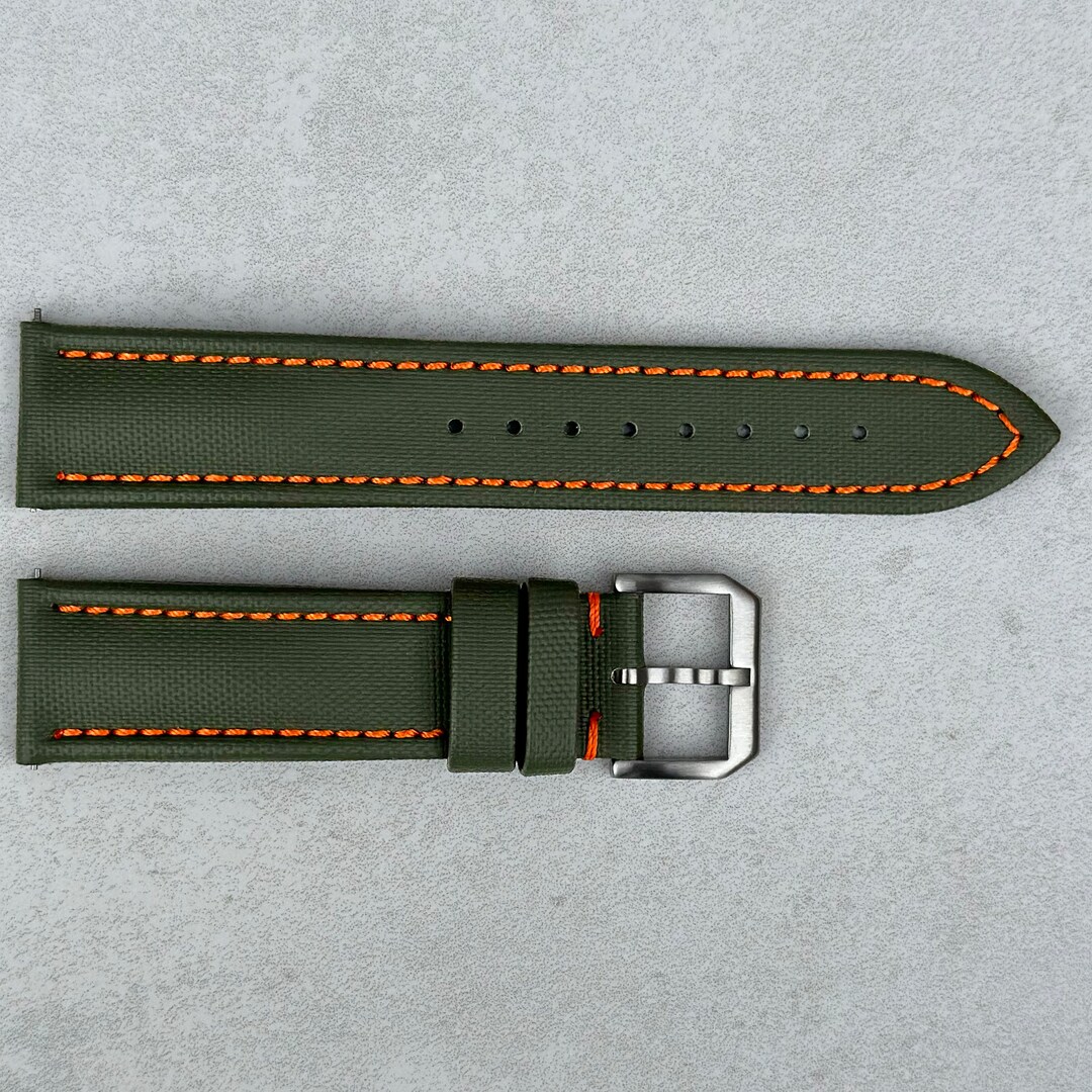 Khaki Green Sail Cloth Watch Strap, Contrast Orange Stitching, Padded ...