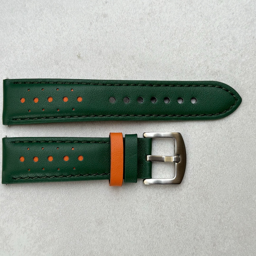 Green and Orange Racing Full Grain Leather Watch Strap Padded Watch ...