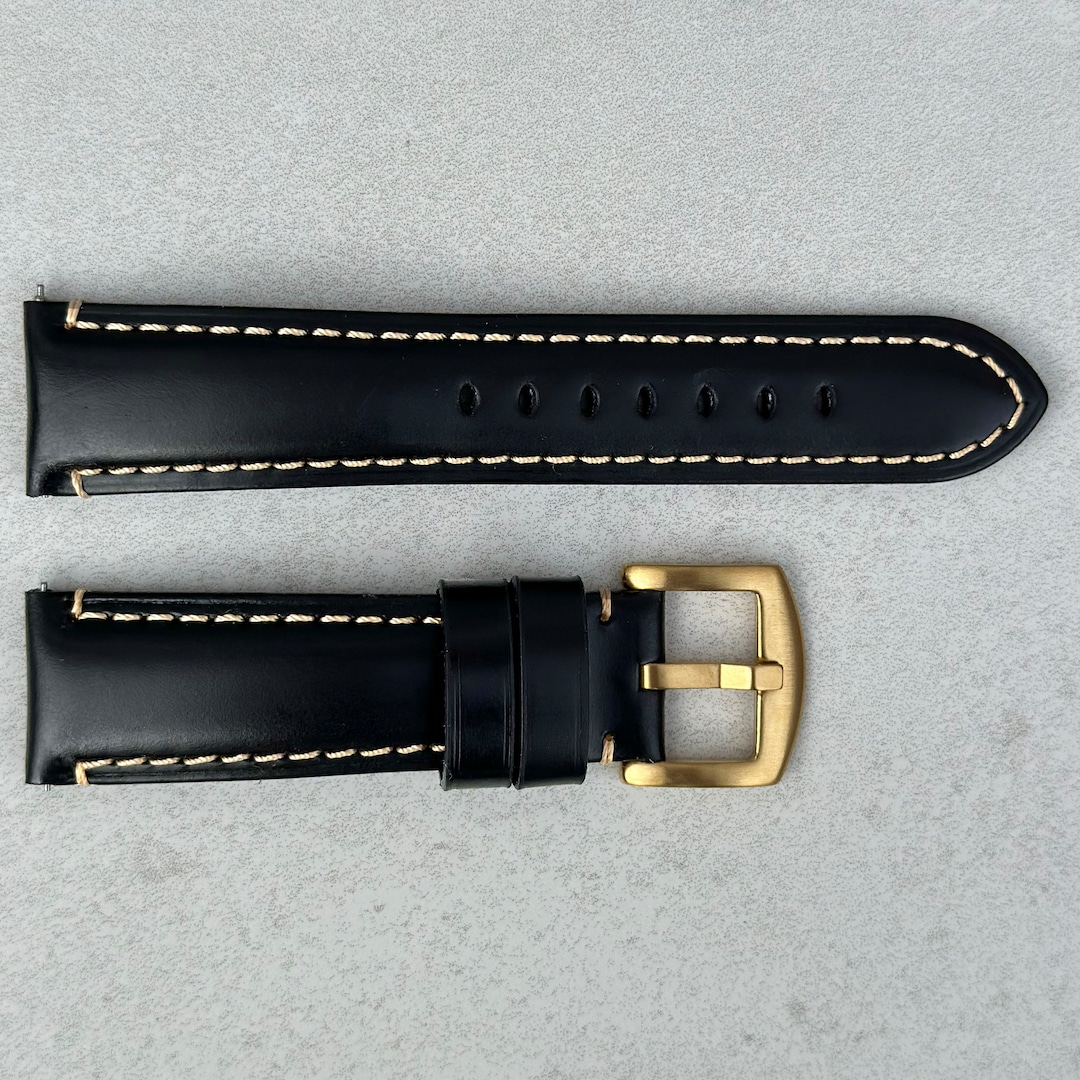 Black Full Grain Leather Watch Strap, Quick Release, Padded, Contrast ...