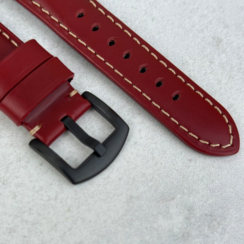 Blood Red Full Grain Leather Watch Strap, Black Buckle, Quick Release ...