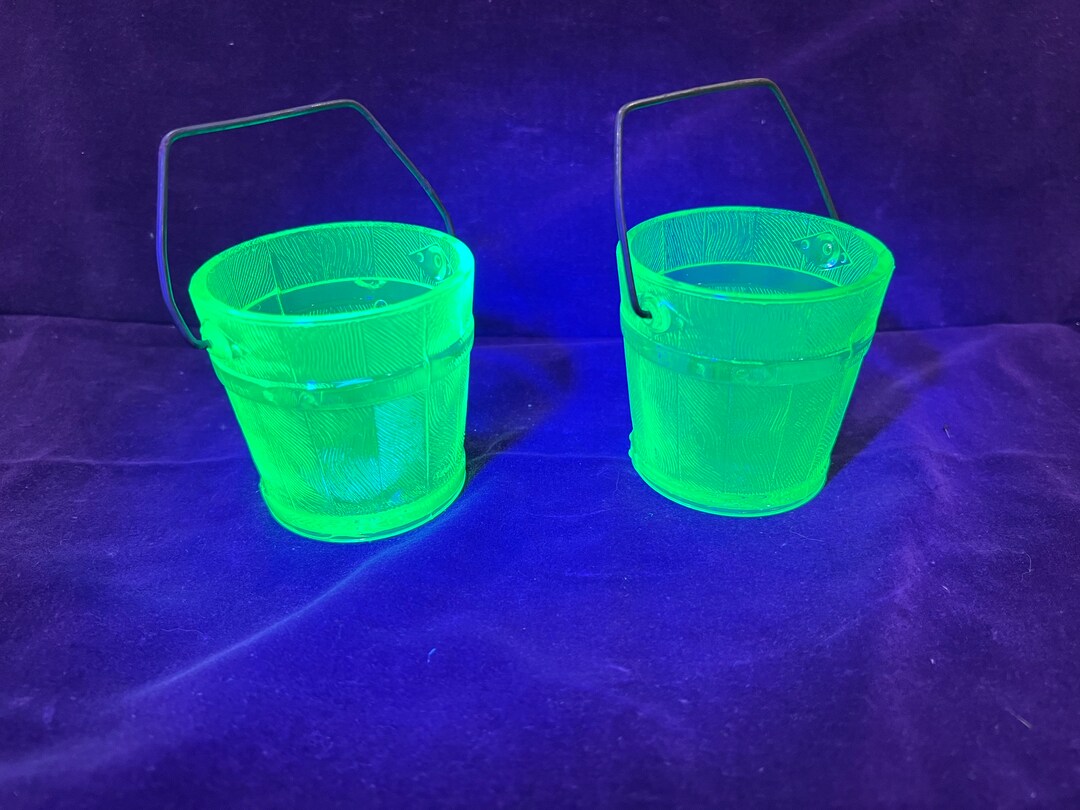 Pair of Small Vaseline Glass Buckets With Handles Antique Vintage ...