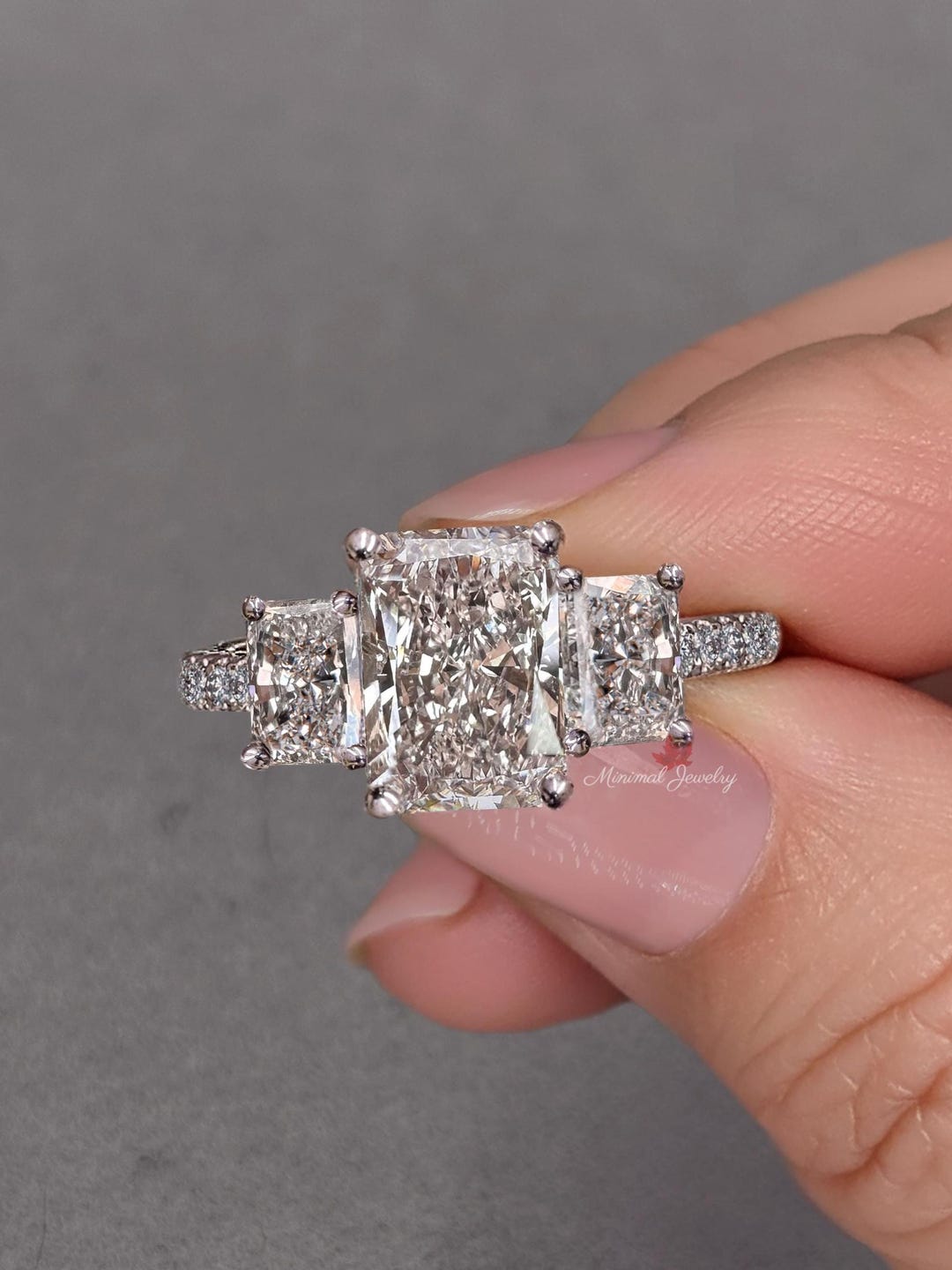 3CT Radiant Cut Lab Grown Diamond Ring Three Stone Radiant Cut ...