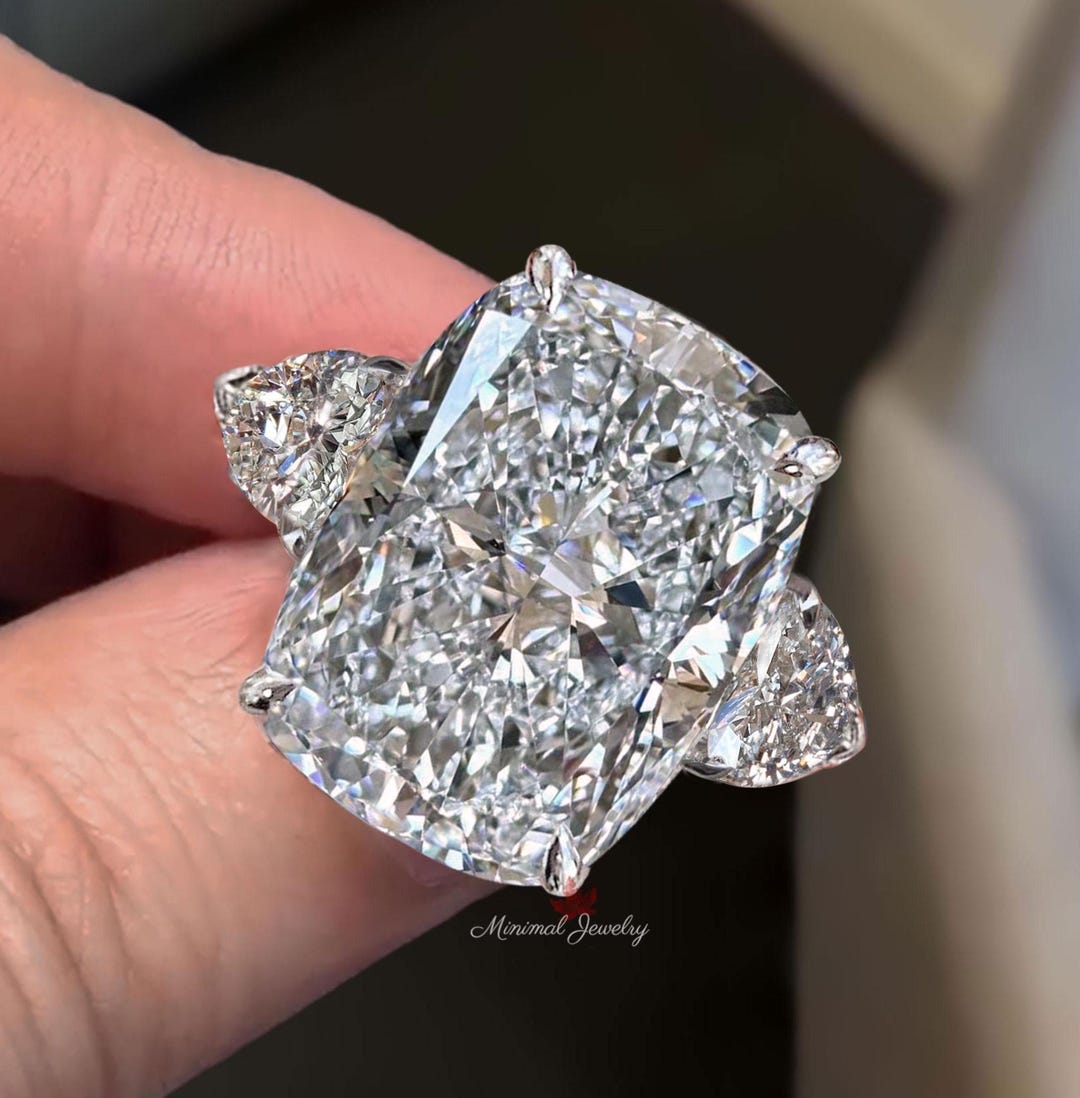 3 Stone Cushion Cut Engagement Ring 17 CT Elongated Cushion Crushed Ice ...