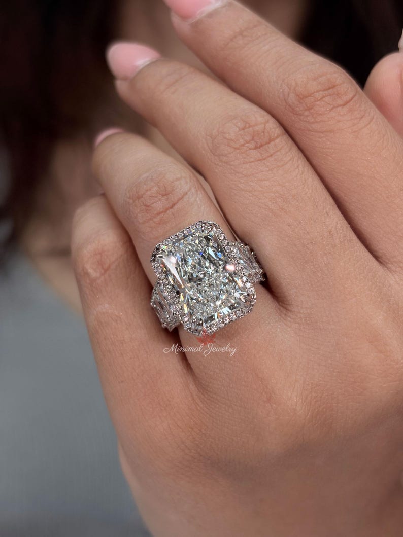 Lab Grown Diamond Ring 8CT Radiant Cut Engagement Ring Wide Band ...