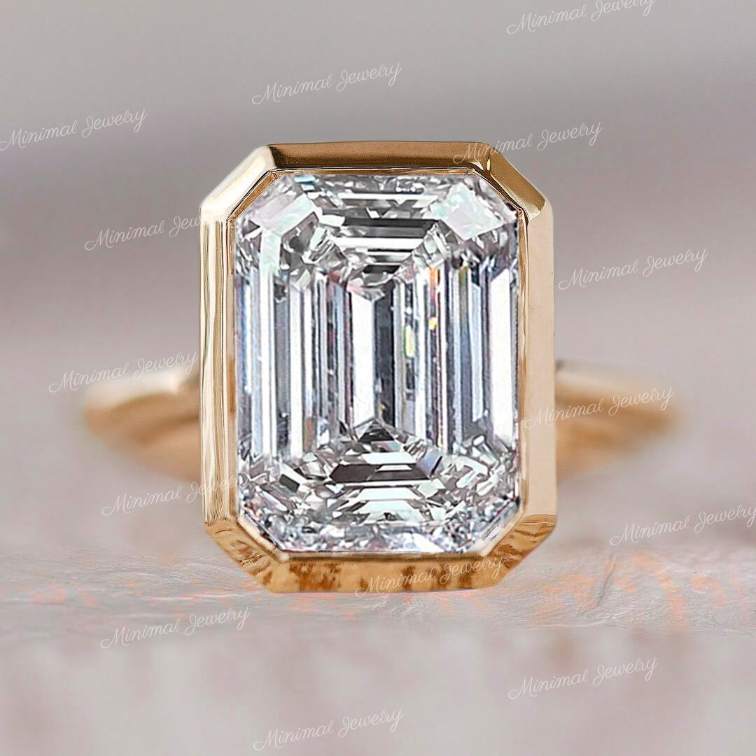 9CT Emerald Bezel Ring Large Solitaire Emerald Cut Moissanite Engagement Ring Big Diamond Ring ...