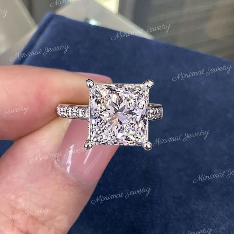 4 CT Princess Cut Moissanite Engagement Ring, Hidden Halo, White Gold ...