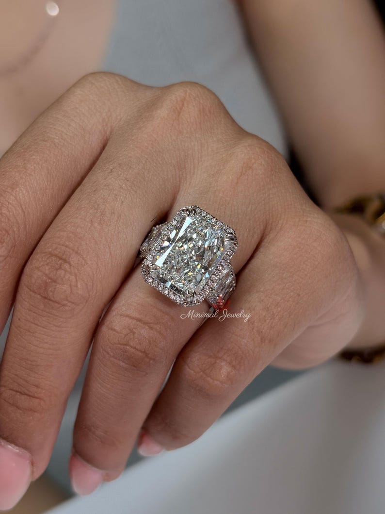 Lab Grown Diamond Ring 8CT Radiant Cut Engagement Ring Wide Band ...