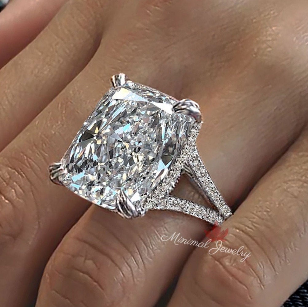 Cushion Cut Moissanite Engagement Ring Hidden Halo Split Shank Large 19 ...