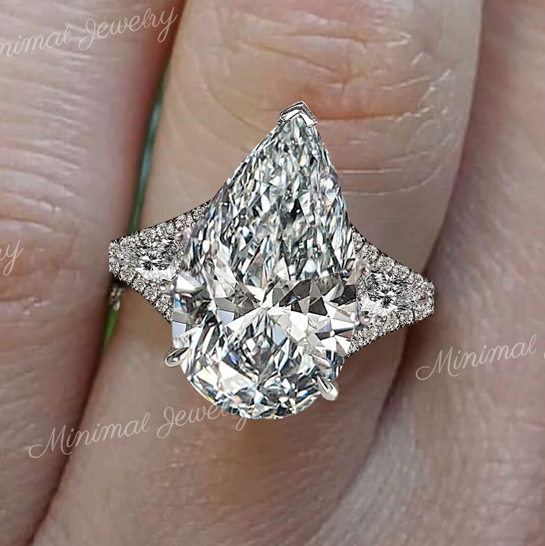 5 CT Split Shank Pear Shaped Engagement Ring,unique Three Stone Pear ...
