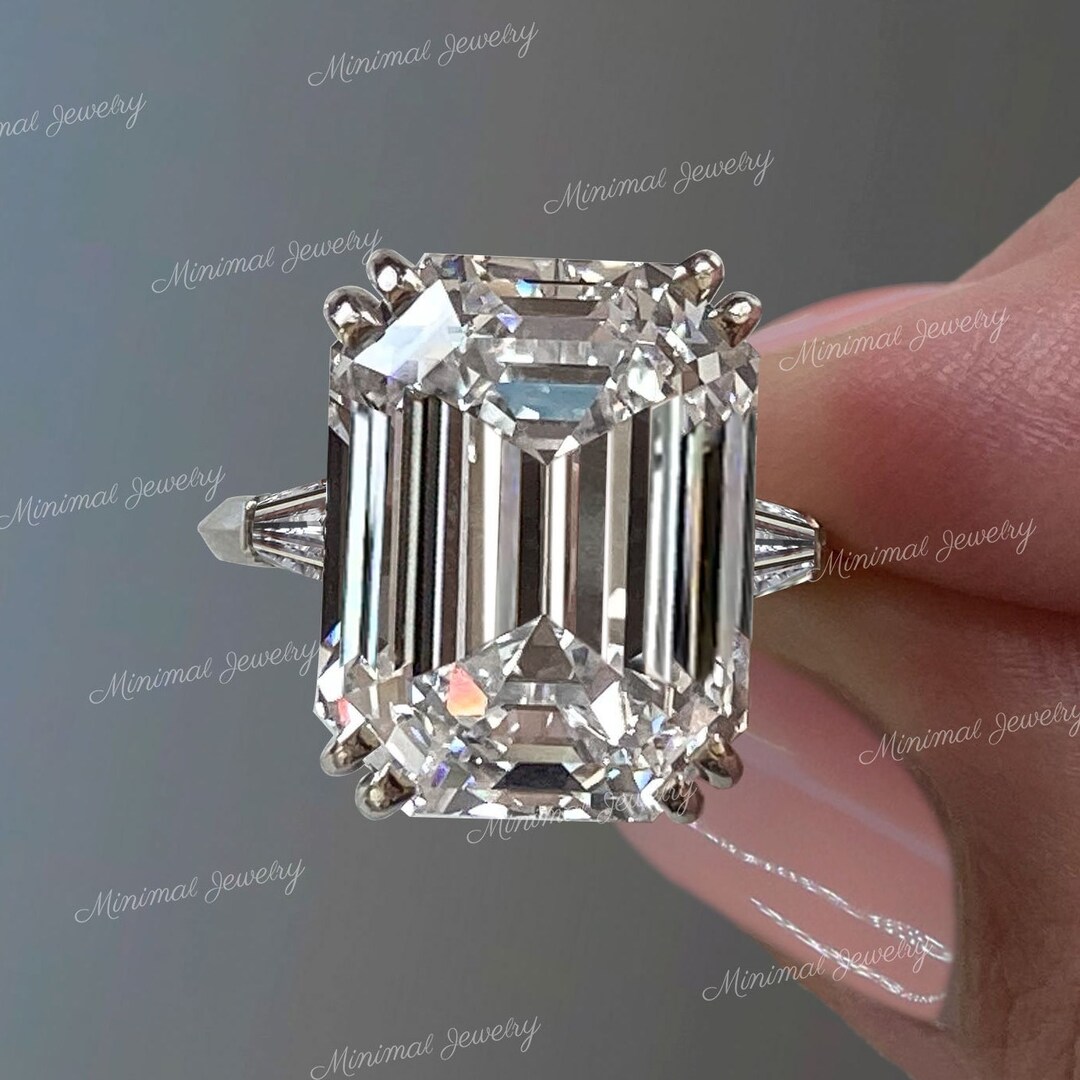 10 CT Three Stone Moissanite Emerald Cut Ring,celebrity Style Baguette ...