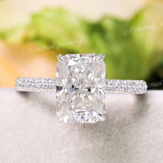 3 CT Radiant Moissanite Engagement Ring hidden Halo unique Three Row Pave thick Band solitaire Moissanite Radiant Cut Ringwedding Ring Etsy