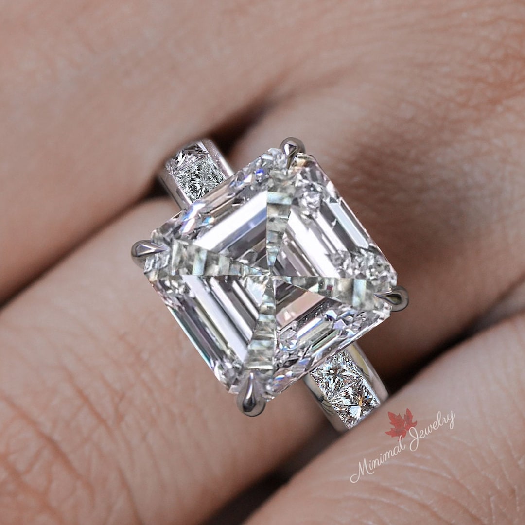 9 CT Large Asscher Cut Engagement Ring Wide Band Hidden Halo Channel ...