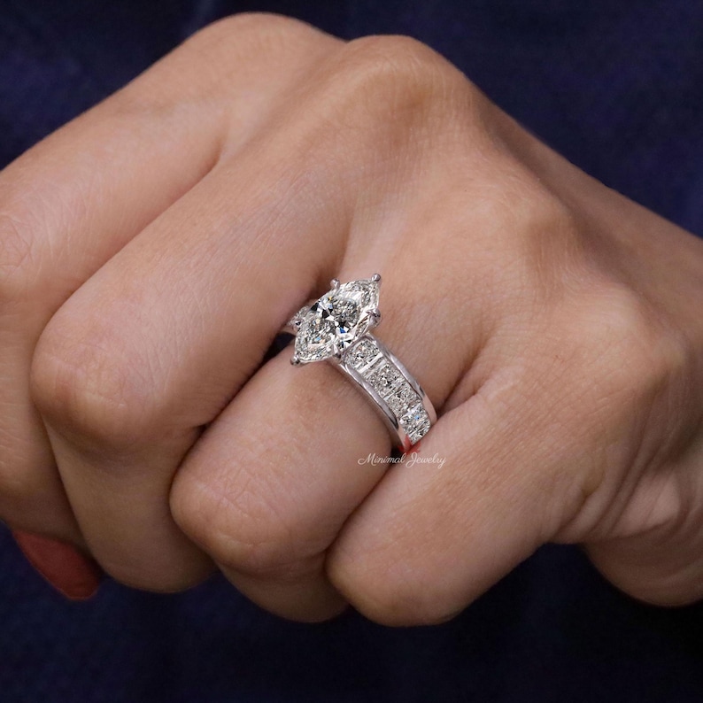 2CT Marquise Moissanite Engagement Ring Channel Set Solitaire Eternity ...