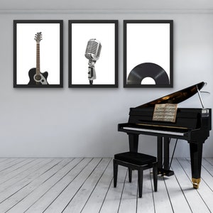 Set of 3 Vintage Music Posters - Black & White Retro Wall Art Featuring ...