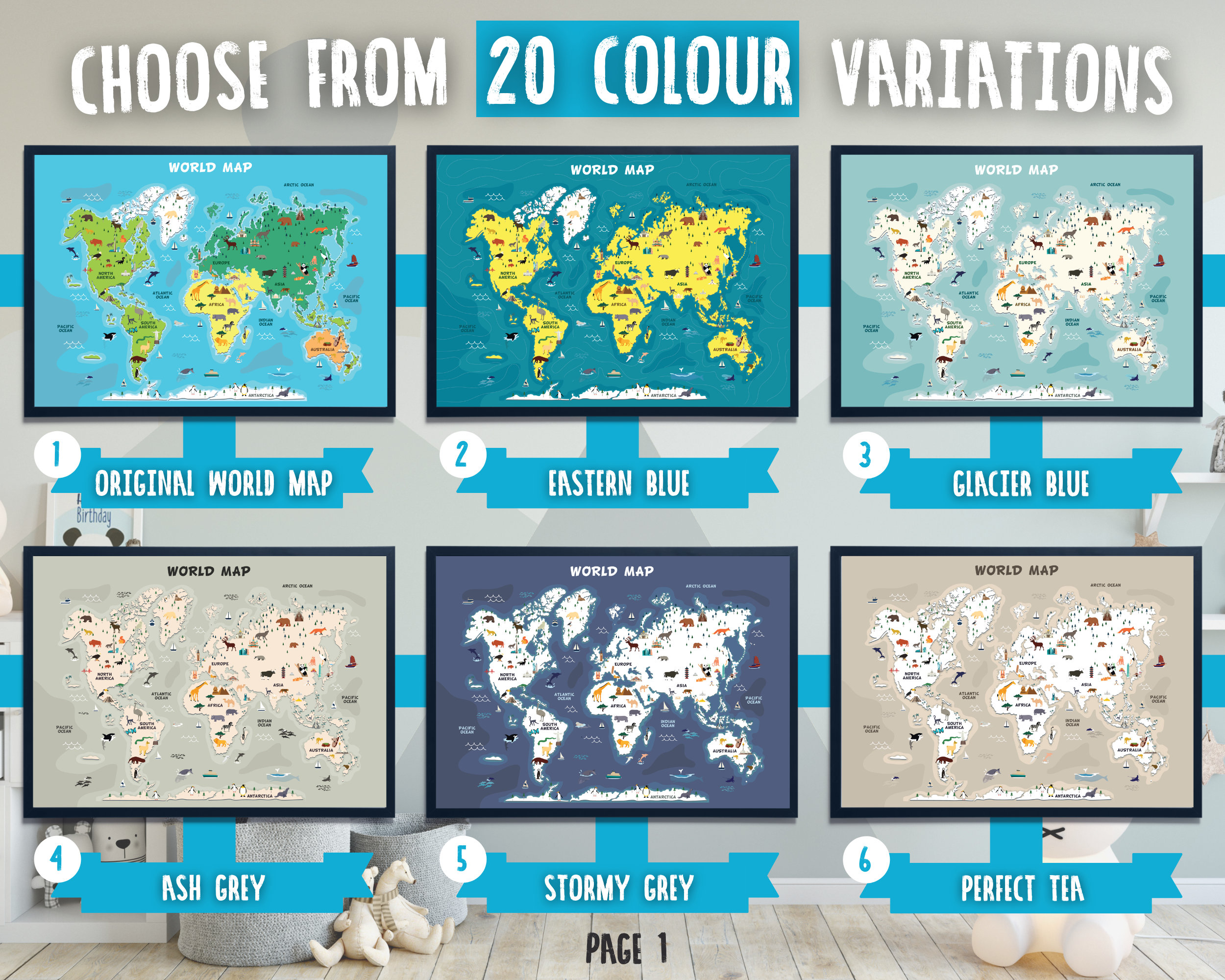 Kids World Map Animals and Landmarks Poster 20 Different - Etsy UK
