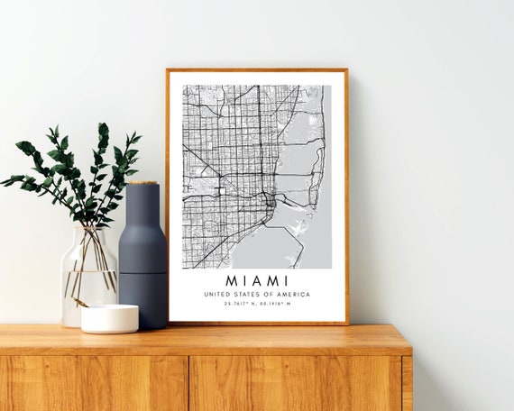 Miami Printable Map Print Miami Map Wall Art Print Miami | Etsy