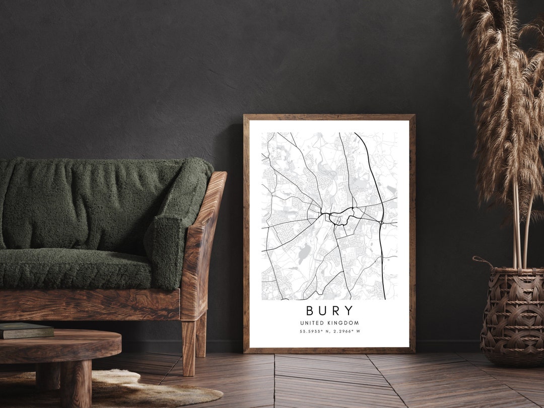 Bury UK Map Print: Minimalist Black and White Art - Etsy