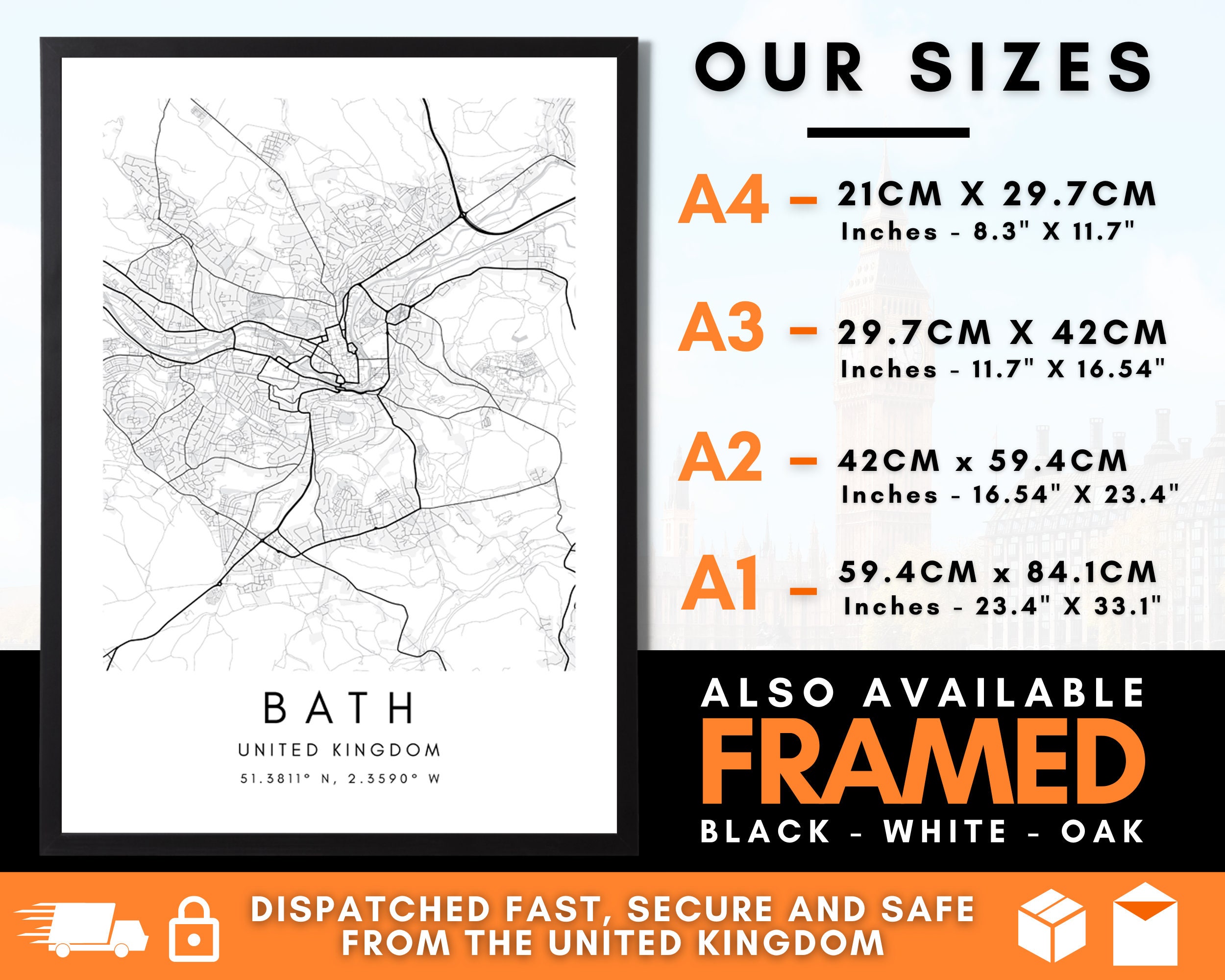 Bath City Map Print Bath England Printed Map Poster Bath | Etsy