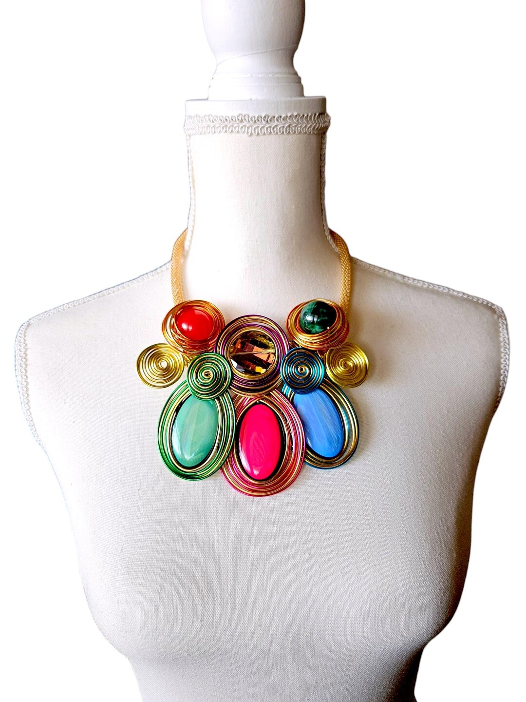 Colorful Retro Chunky Necklace, One of a Kind Choker Necklace, Chord ...