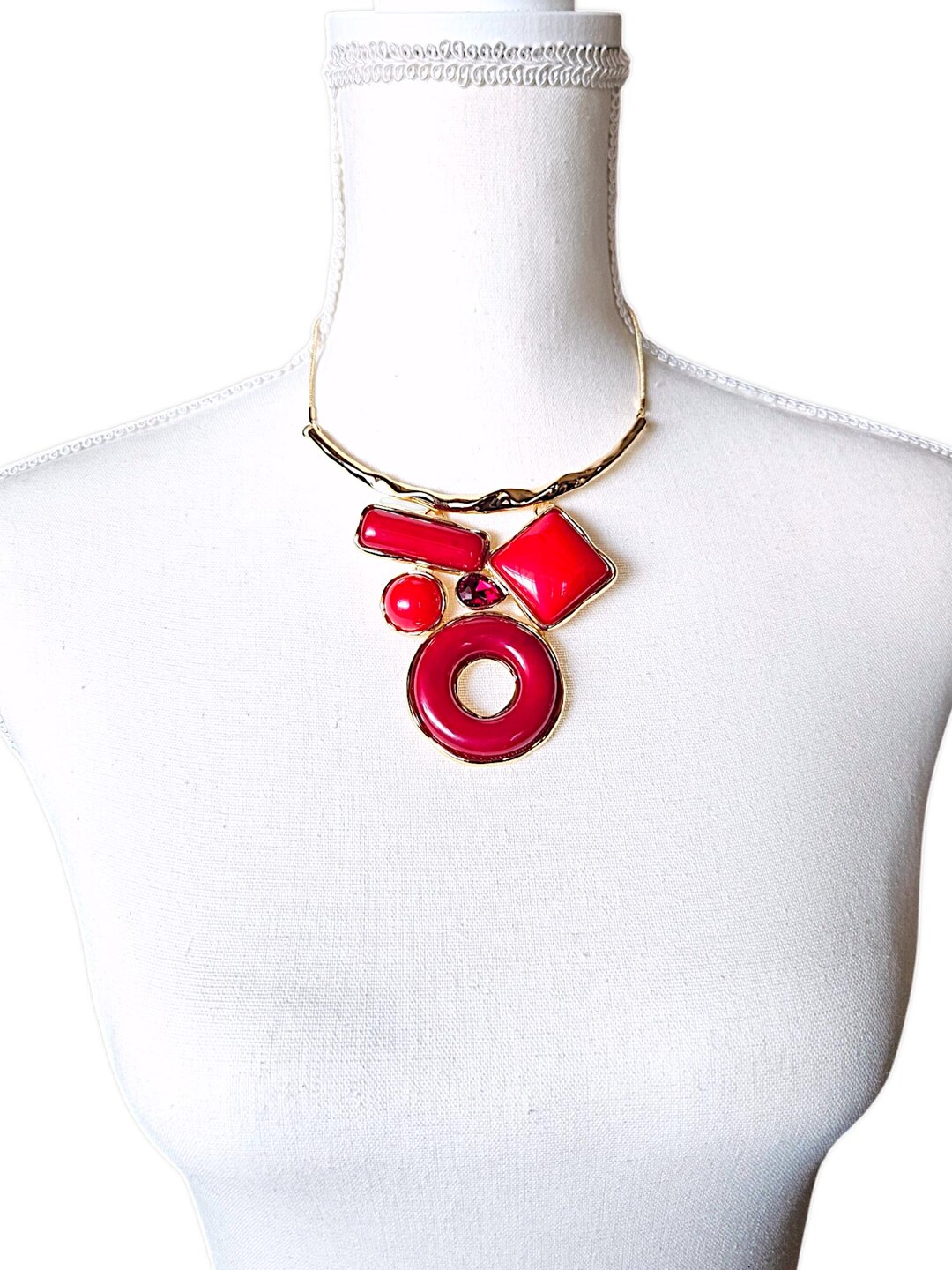Red Retro Chunky Necklace, One of a Kind Big Pendant Necklace, Chord ...
