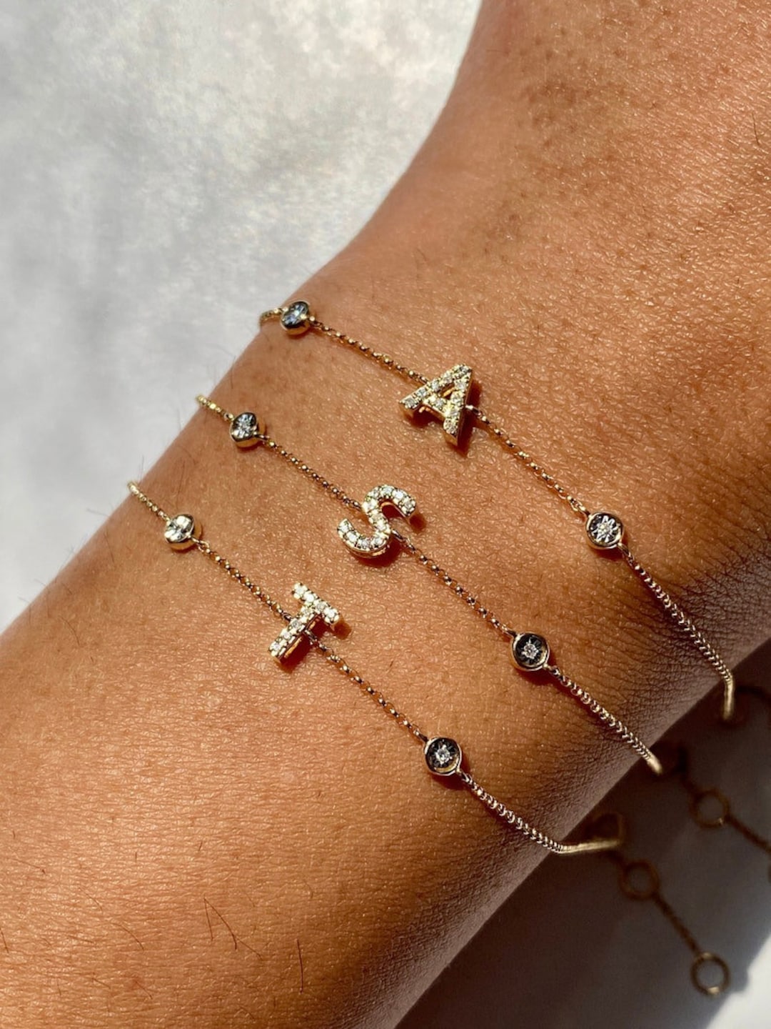 Initial Diamond Bracelet, Real Gold Bracelet, Letter Diamond Bracelet ...