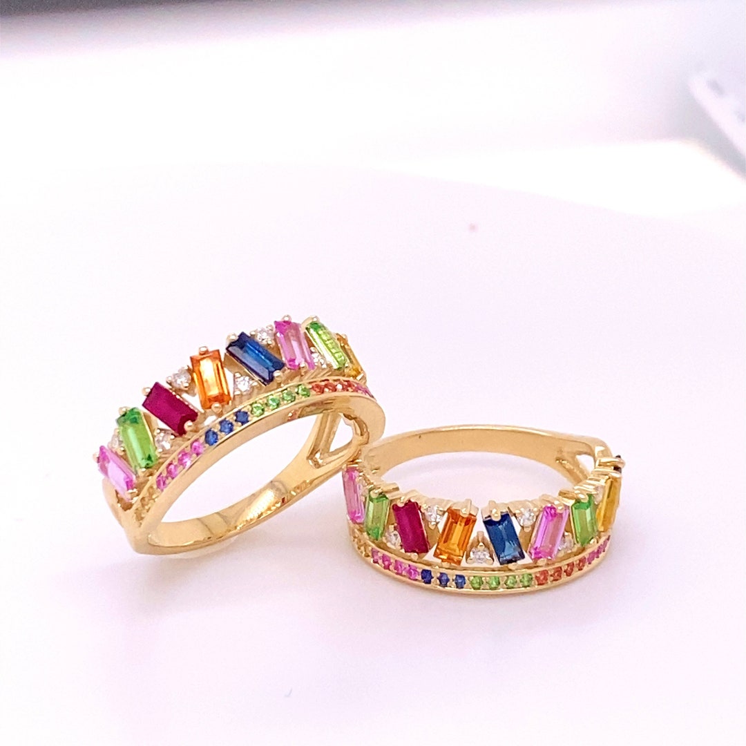 Rainbow Gemstone Ring, Solid Gold Rainbow Ring, Baguette Gemstone Ring, Multicolor Gemstone Ring ...