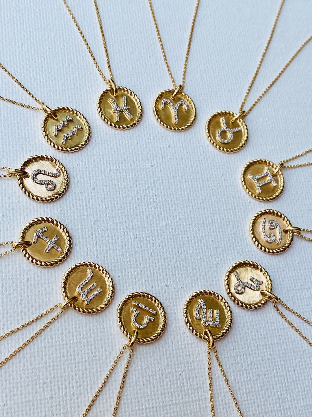 Diamond Coin Zodiac Necklace, Gold Coin Zodiac Charm, Personalized ...