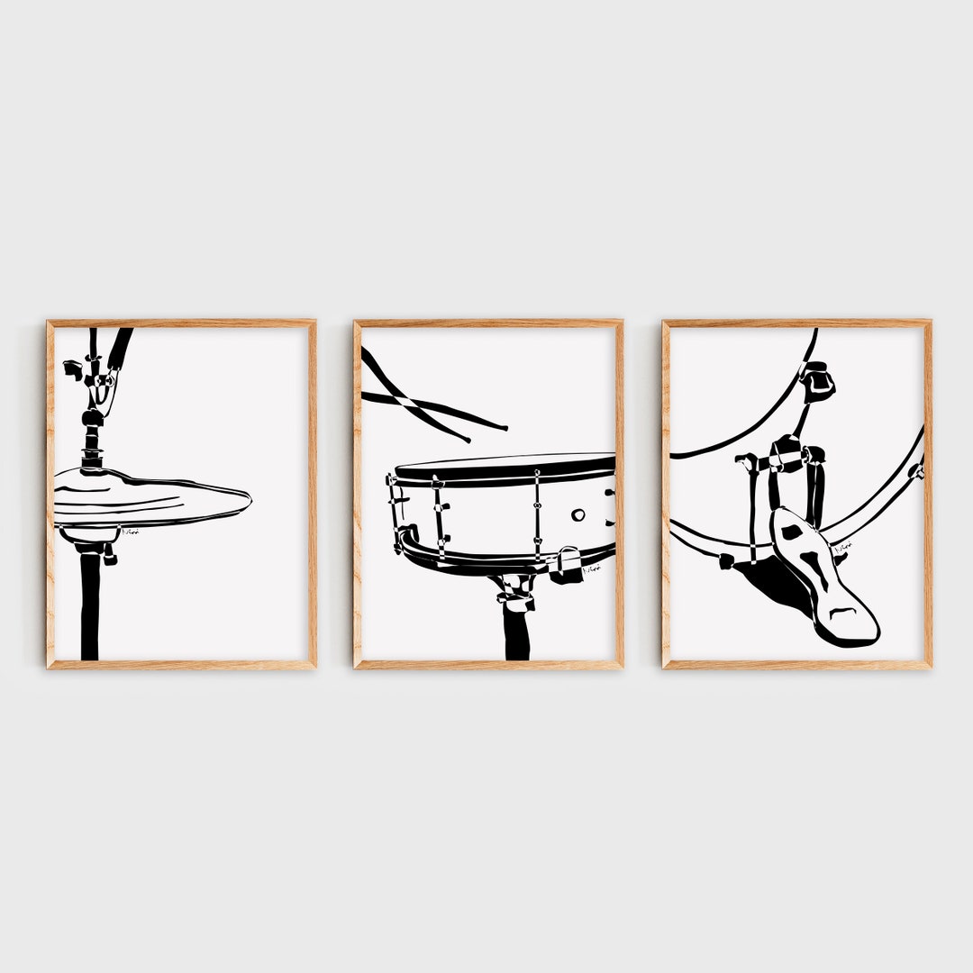 Set of 3 Drum Set Wall Art, Drums Poster, Minimalist Black and White ...