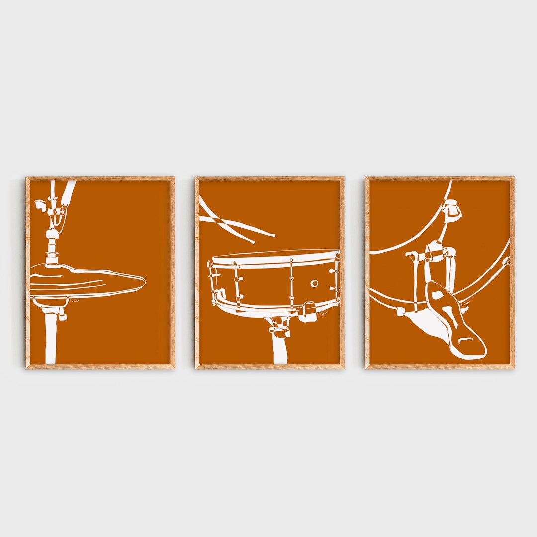 Set of 3 Drum Set Wall Art, Drums Poster, Minimalist Terra Cotta Tenne ...