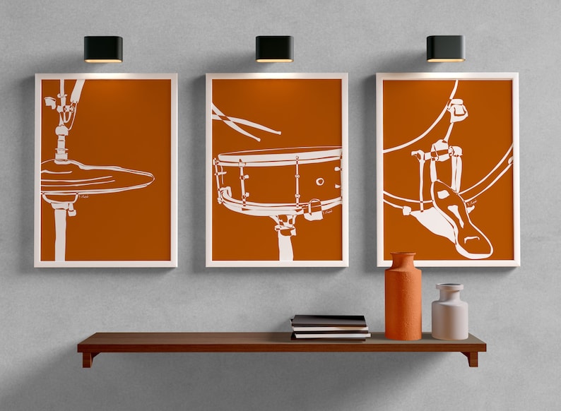 Set of 3 Drum Set Wall Art, Drums Poster, Minimalist Terra Cotta Tenne ...