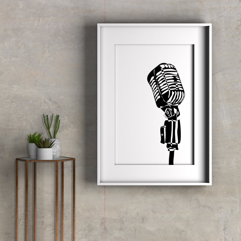 Vintage Microphone Wall Art, Microphone Music Poster, Black Minimalist ...