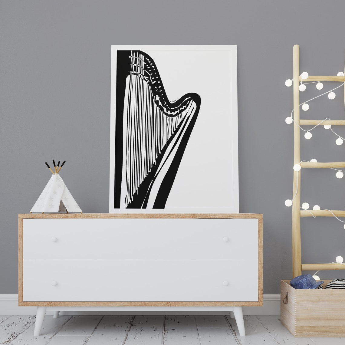 Harp Wall Art, Harp Poster, Minimalist Black and White Digital Art ...