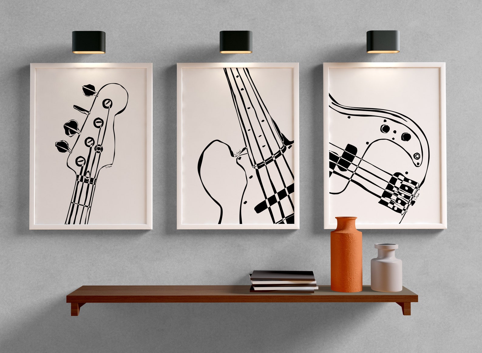 Set Of 3 Bass Guitar Wall Art Guitar Poster Minimalist Black Etsy