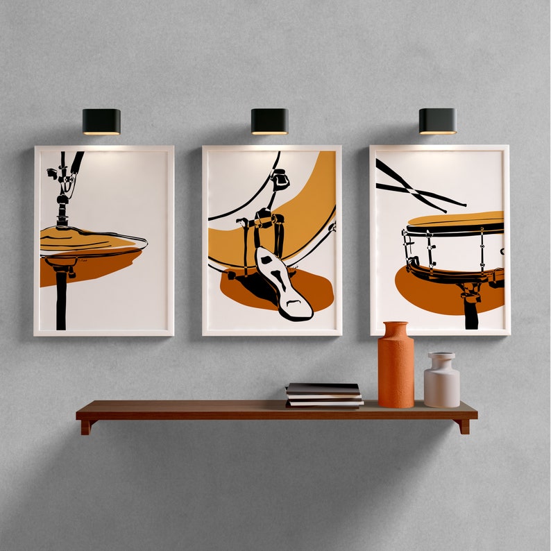 Set of 3 Drum Set Wall Art, Drums Poster, Minimalist Terra Cotta Tenne ...