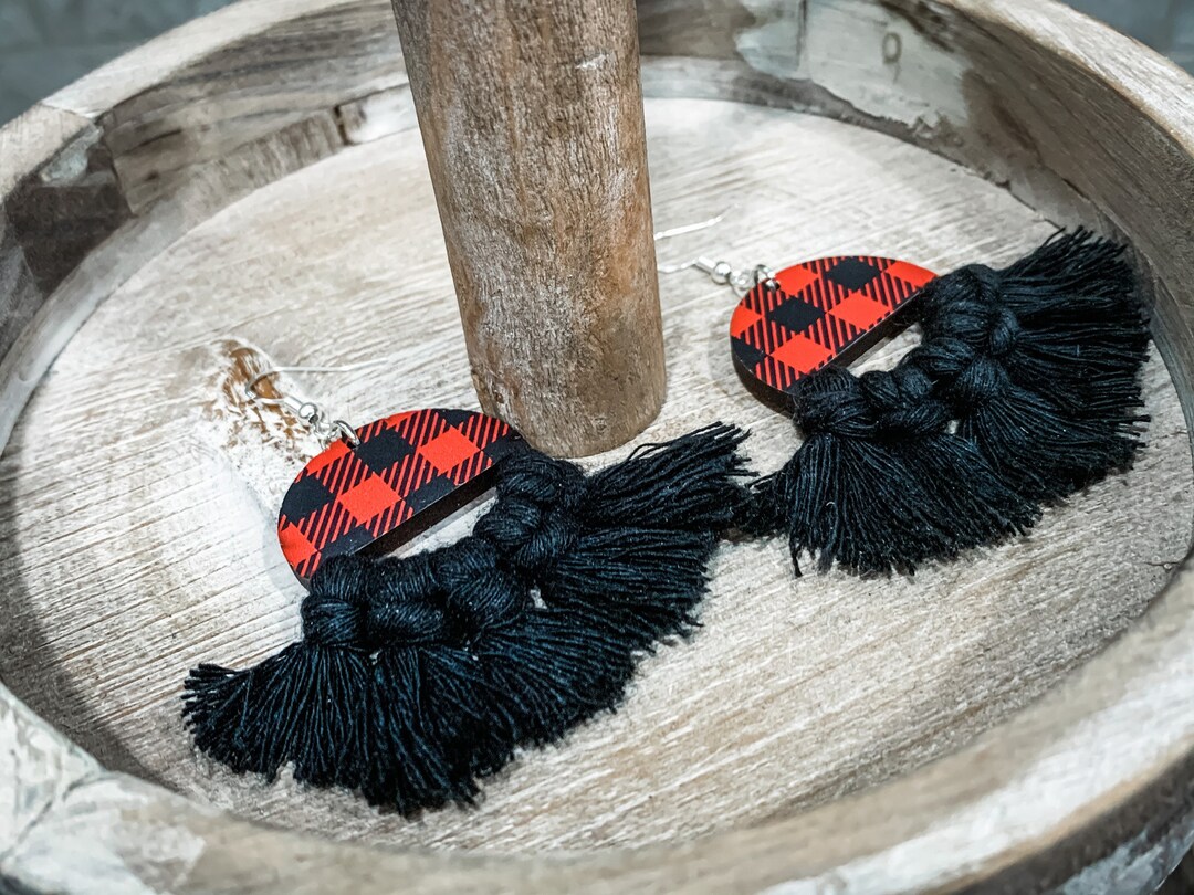 Red and Black Buffalo Check Macrame Earrings, Buffalo Check, Statement ...
