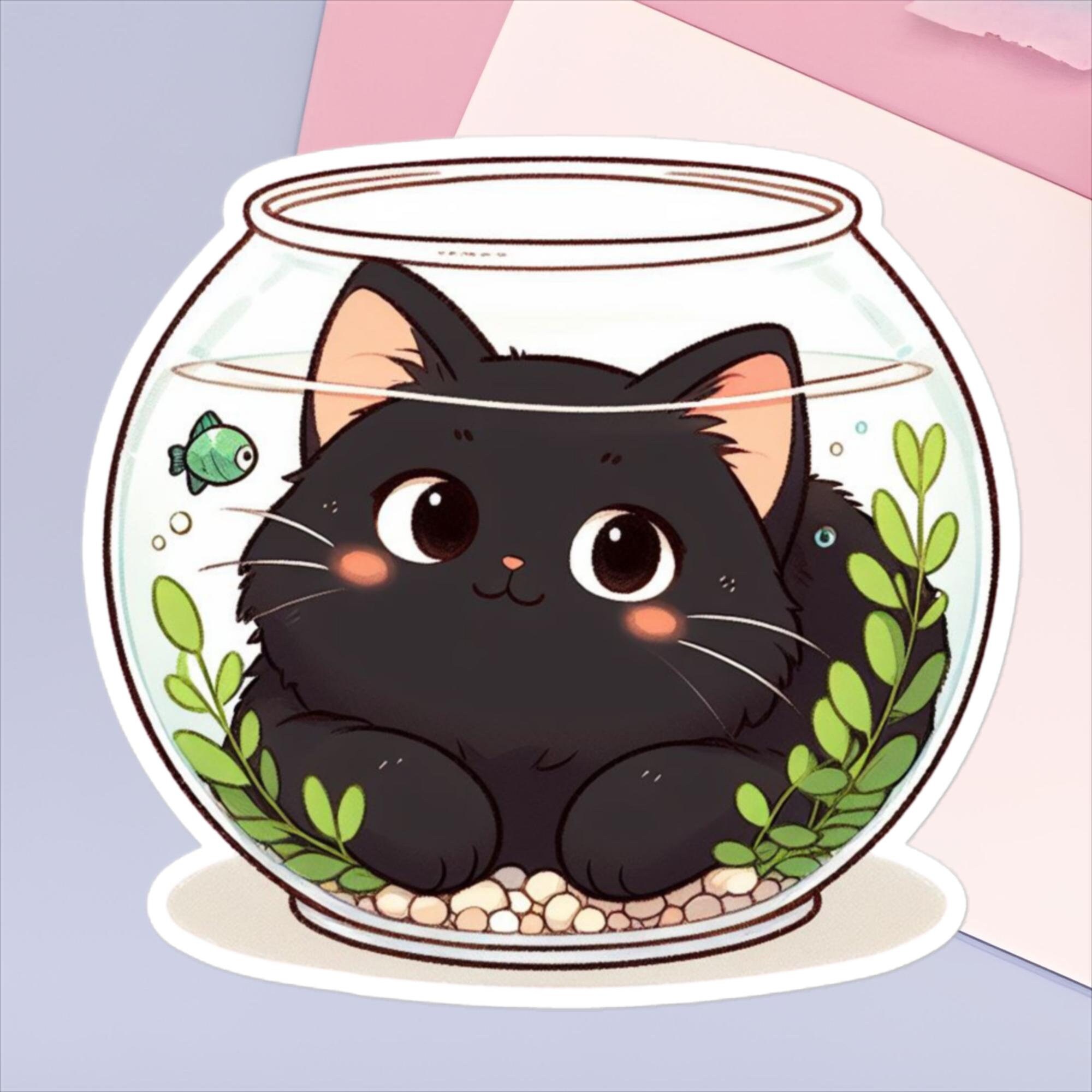 Black Cat Inside Fish Bowl Sticker - Etsy