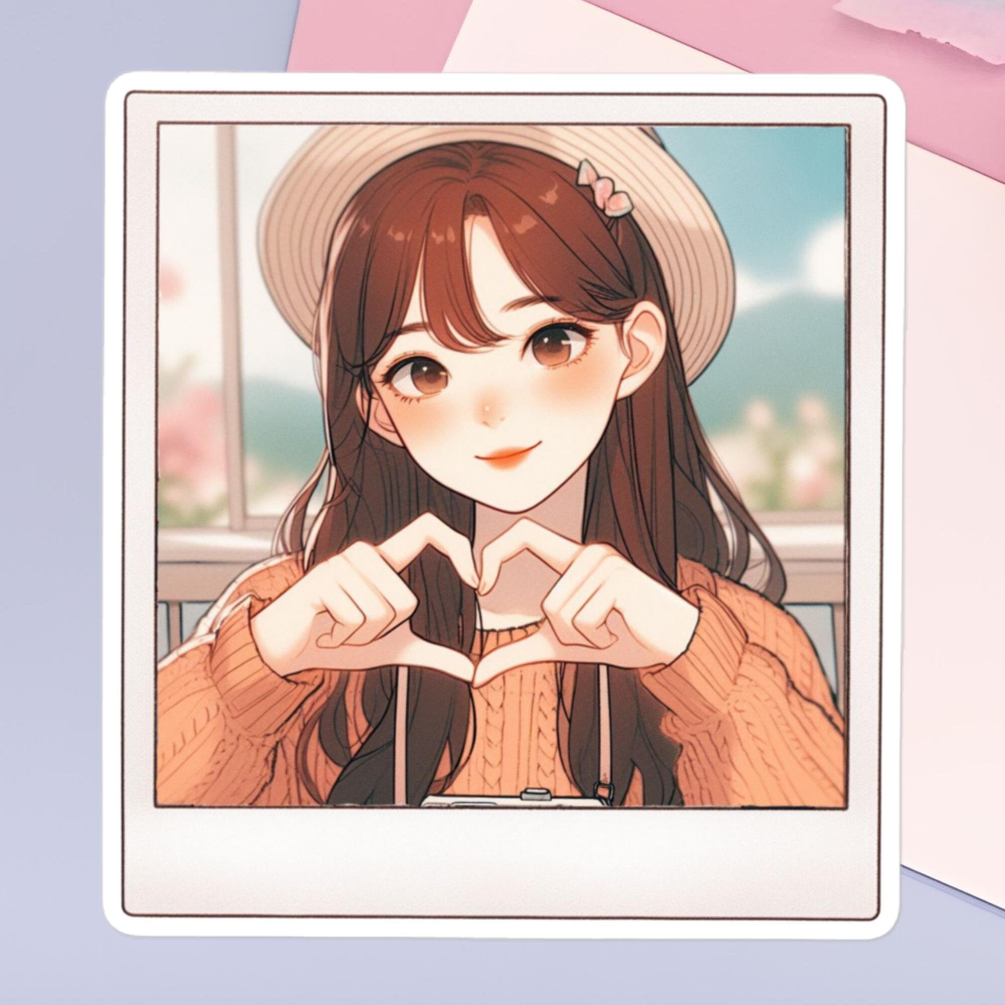Korean Webtoon Girl Making a Heart Polaroid Sticker - Etsy